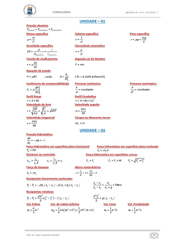 Formulario Mecanica Dos Fluidos I Unidad | PDF | Força | Engenharia ...