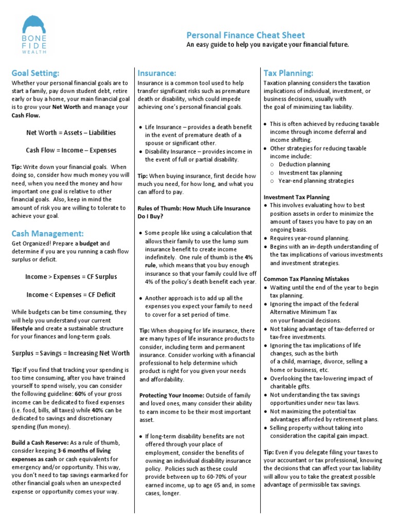 BFW Personal Finance Cheat Sheet | PDF | Individual Retirement Account ...