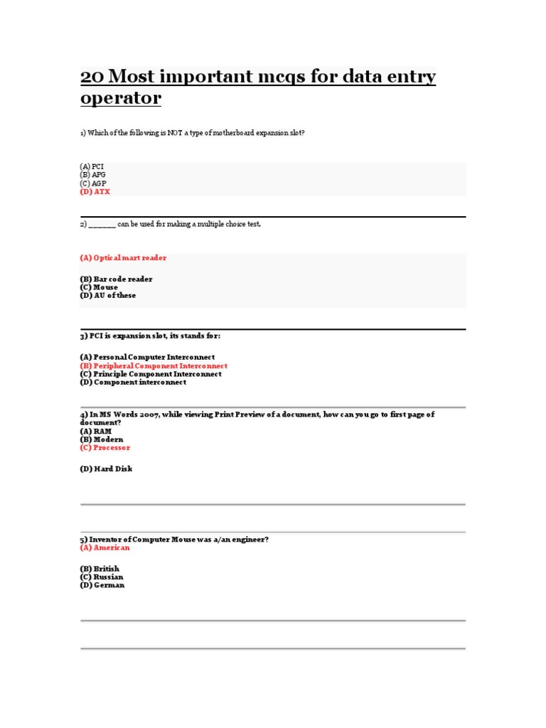 20 Most Important Mcqs For Data Entry Operator | PDF | Printer (Computing) | Computer Science