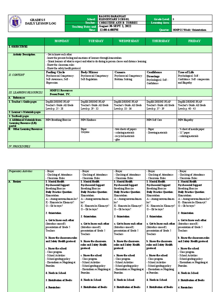 DLL Quarter 1 Week 1 ORIENTATION | PDF | Teachers | Behavior Modification