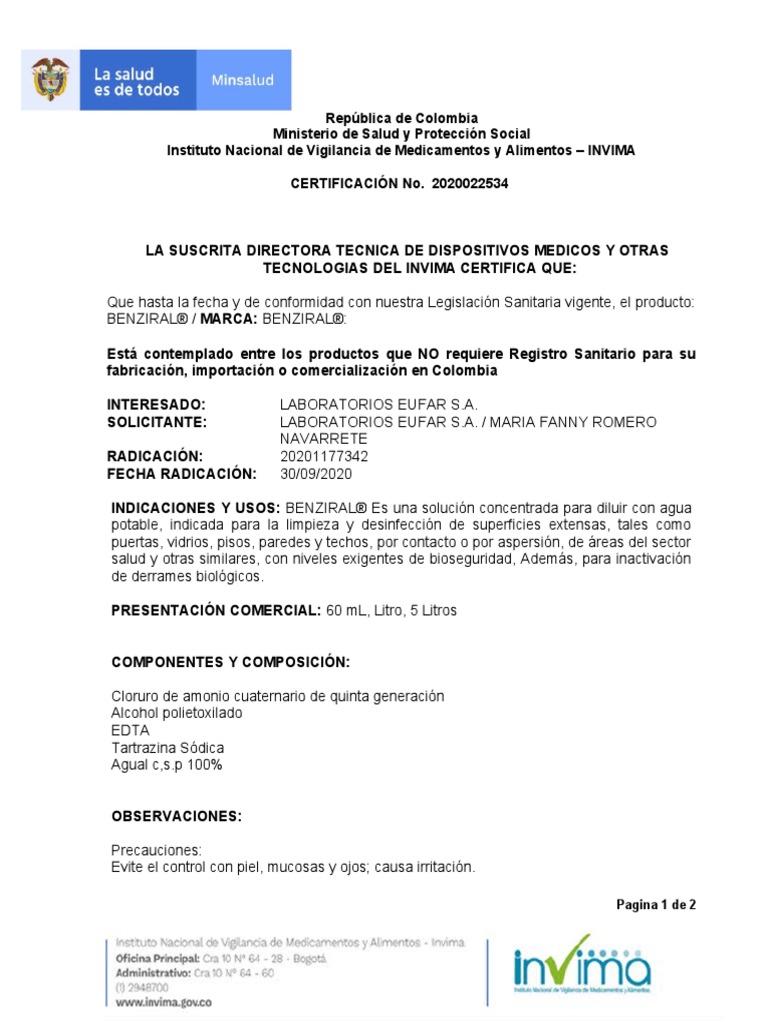 Certificacion Invima Benziral | PDF | Colombia | Dispositivo médico