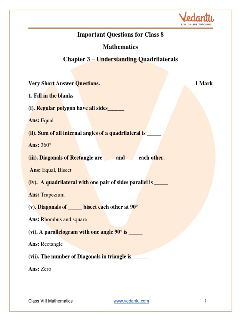 Important Questions For CBSE Class 8 Maths Chapter 3 | PDF | Rectangle | Polytopes