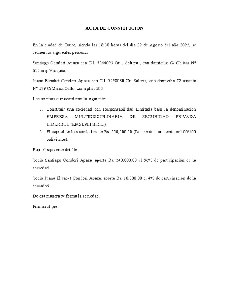 ACTA DE CONSTITUCION SRL Modelo | PDF