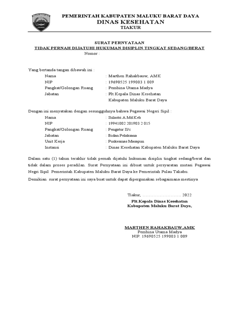 Surat Pernyataan TDK PRNH Dijatuhi Hukuman Disiplin | PDF