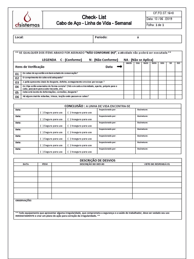 CF - FO.ST.16 0 - Check List - Cabo de Aço - Linha de Vida | PDF