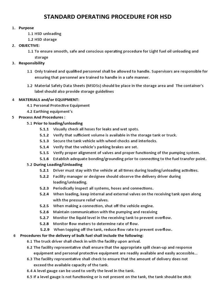 Standard Operating Procedure For HSD | PDF | Valve | Truck Driver