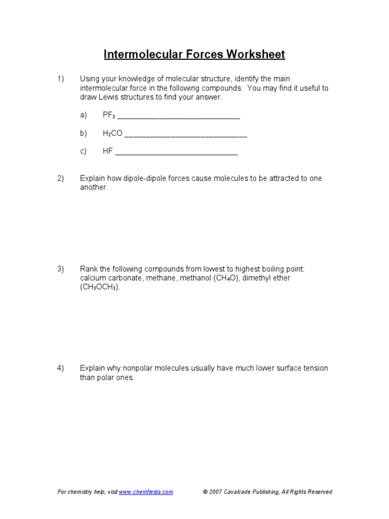 Inter Molecular Worksheet | PDF | Chemical Polarity | Intermolecular Force