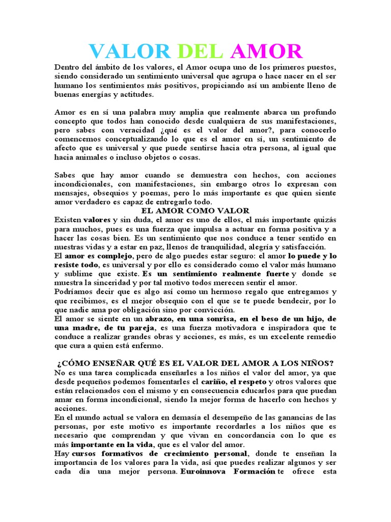 Valor Del Amor | PDF | Amor | Sicología