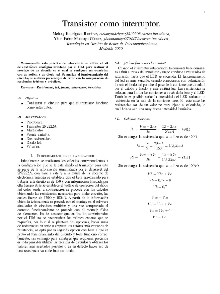 Transistor Como Interruptor | PDF | Diodo emisor de luz | Transistor