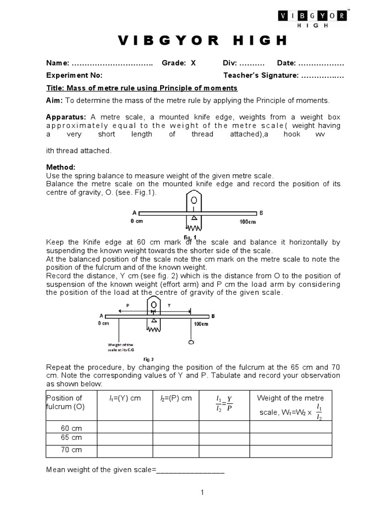 Practical 6 Use of Metre Scale As A Levermass of Metre Rule Using ...
