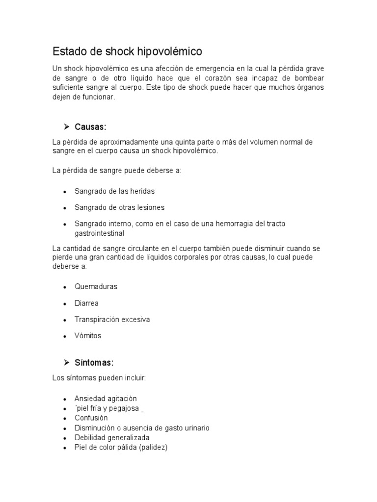 Estado de Shock Hipovolémico | PDF | Anatomía | Medicina