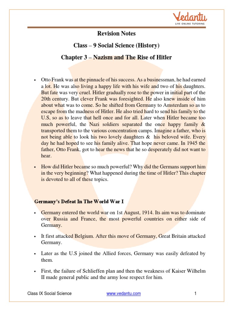 CBSE Class 9 History Chapter 3 Notes - Nazism and The Rise of Hitler ...