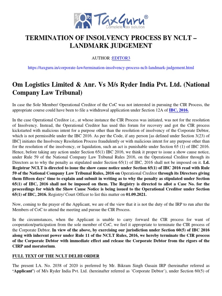 Termination of Insolvency Process by NCLT – Landmark Judgement - Taxguru - in | PDF | Bankruptcy ...