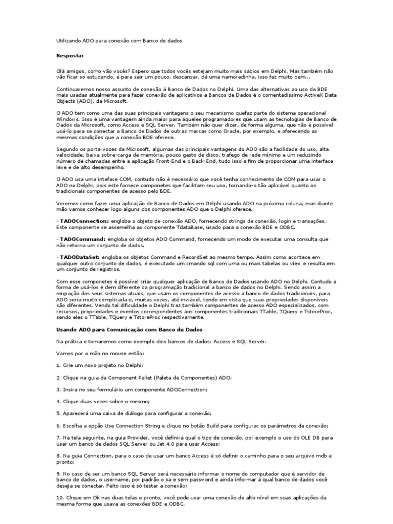 Utilizando Ado Para Conexão Com Banco De Dados Pdf Microsoft Access Active X Data Objects