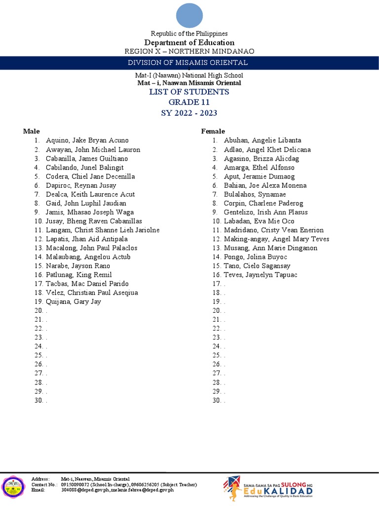 Grade 11 Class List | PDF