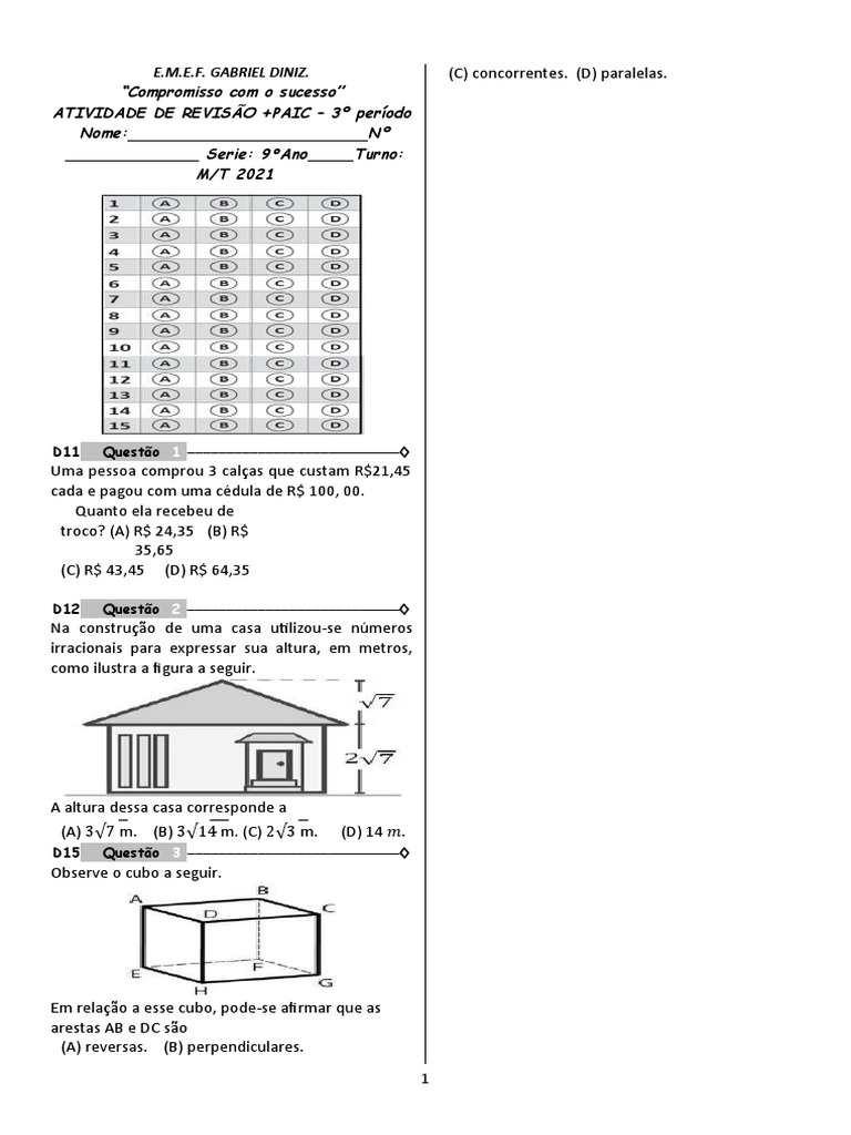 1 Ativ Revis + Paic 3 Periodo | PDF | Triângulo | Círculo