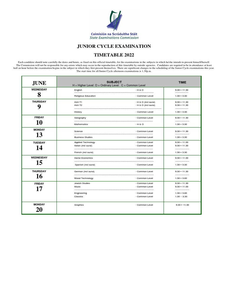 Junior Cycle 2022 Timetable | PDF
