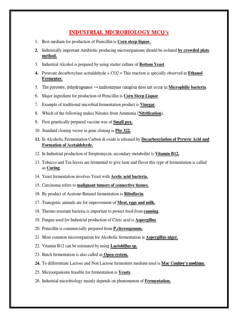 Industrial Microbiology MCQ Guide | PDF | Fermentation | Microorganism