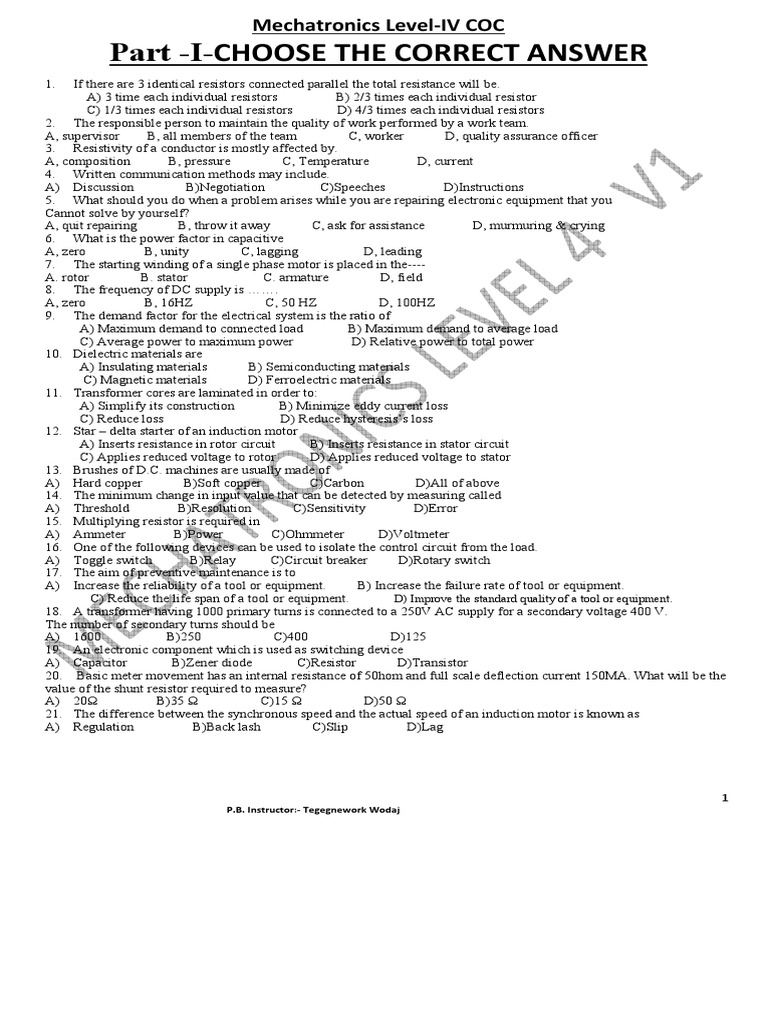 COC Level 4 Mechatronics Volume 1-1 | PDF | Electric Motor | Physical ...