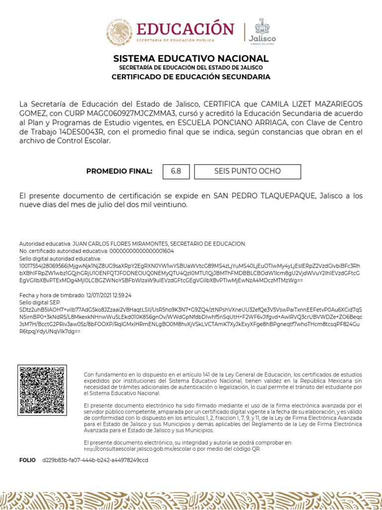 Sistema Educativo Nacional: Certificado de Educación Secundaria | PDF