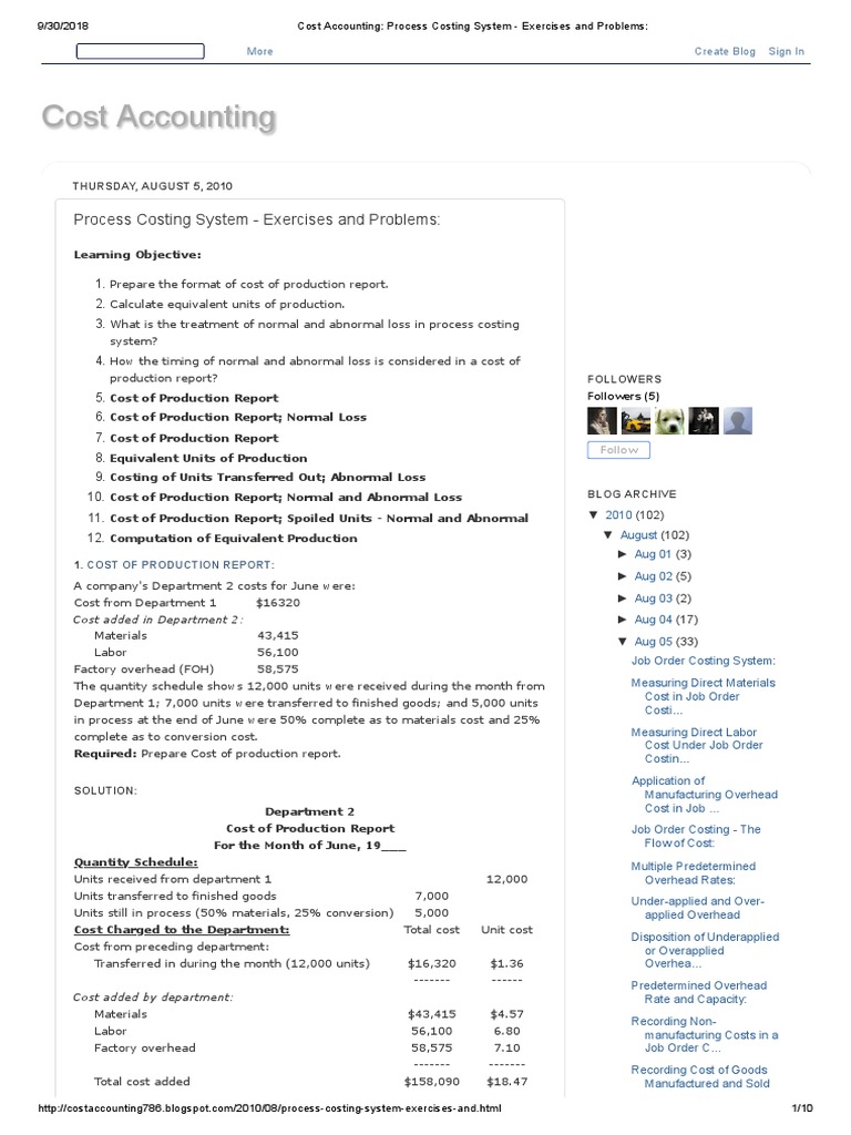 Process Costing: Exercises & Solutions | PDF | Inventory | Cost