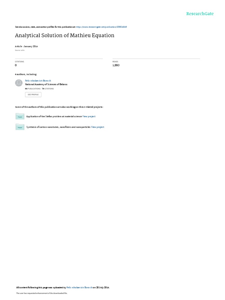 Analytical Solution of the Mathieu Equation | PDF | Equations ...