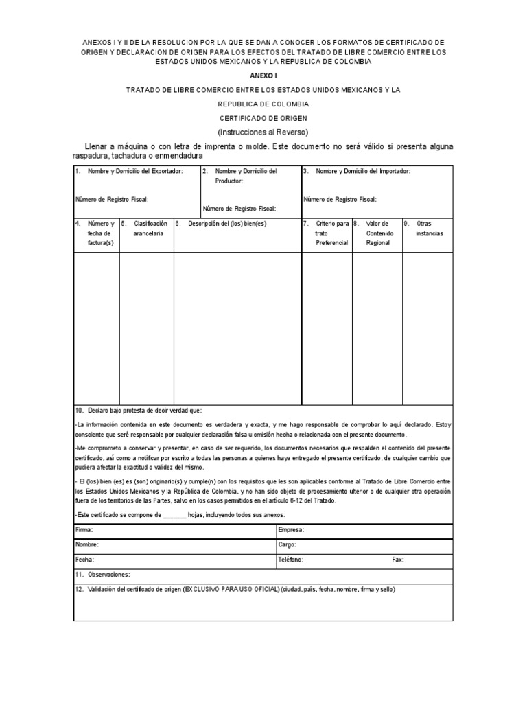 Anexos I y Ii Res. Cert. Origen y Decl. Origen TLC Colombia | PDF ...