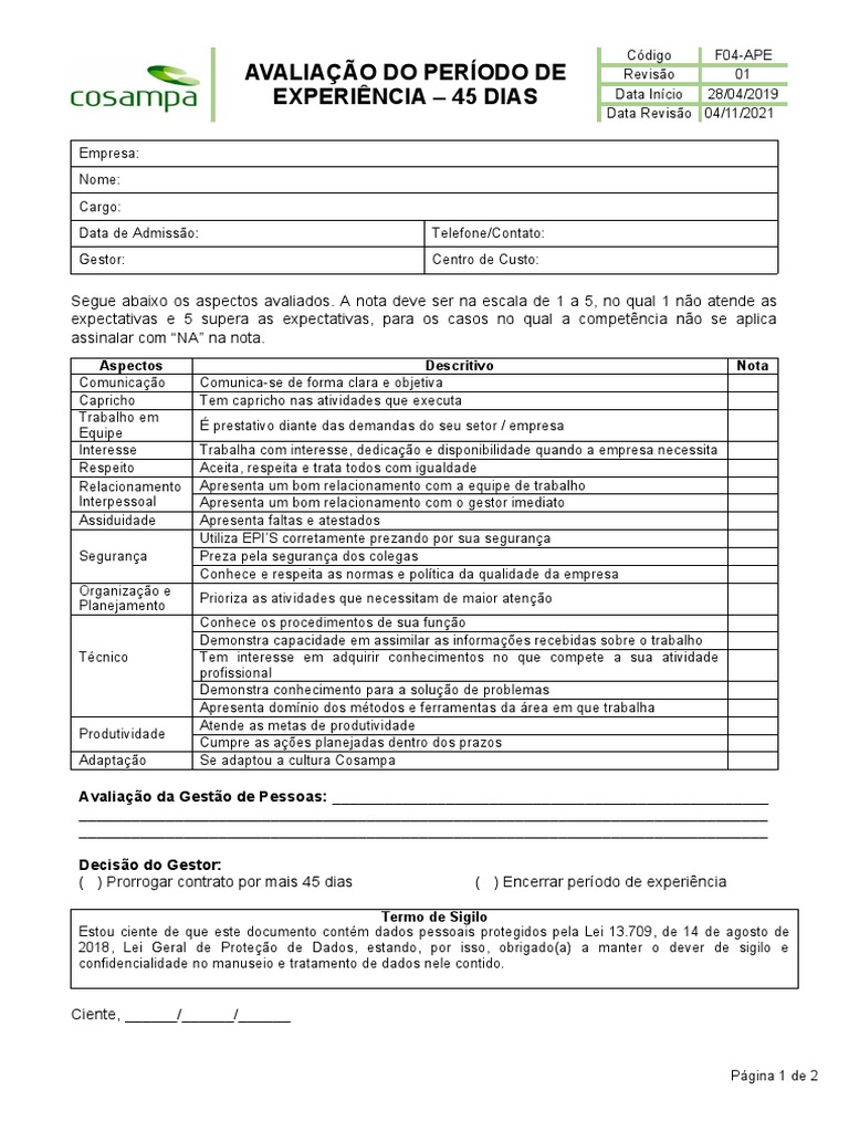 F04-APE.r01 Avaliacao Do Periodo de Experiencia - 45 Dias | PDF | Business