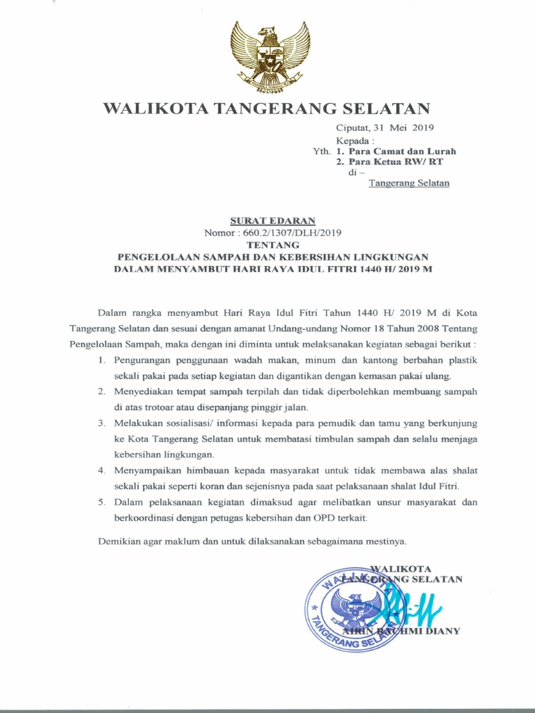 Surat Edaran Walikota Tangerang Selatan Tentang Pengelolaan Sampah Dan Kebersihan Lingkungan ...