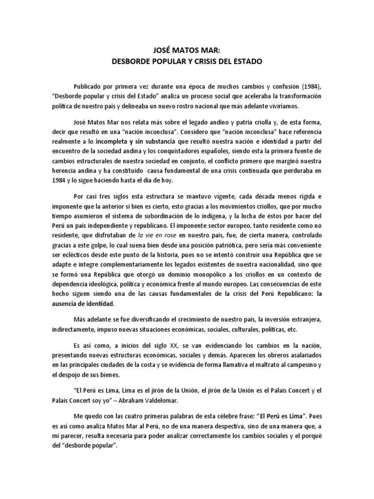 JOSÉ MATOS MAR - Análisis | PDF | Migración humana | Perú