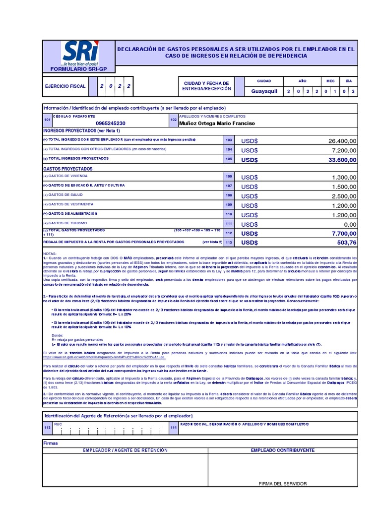 Formulario de Gastos Personales | PDF | Impuesto sobre la renta | Impuestos