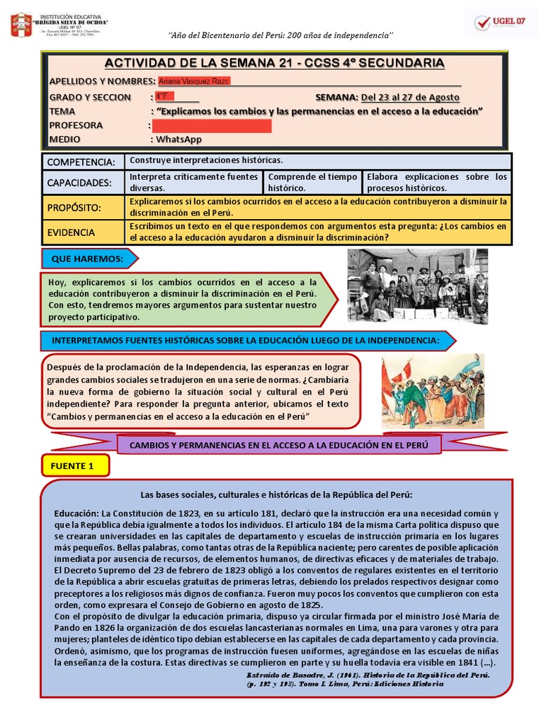 CS Experienc. 5 Act. 5-1 Semana 21 BI 3 | PDF | Perú | Discriminación
