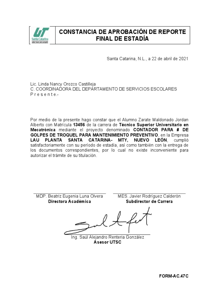 Constancia de Aprobación de Reporte Final de Estadía | PDF