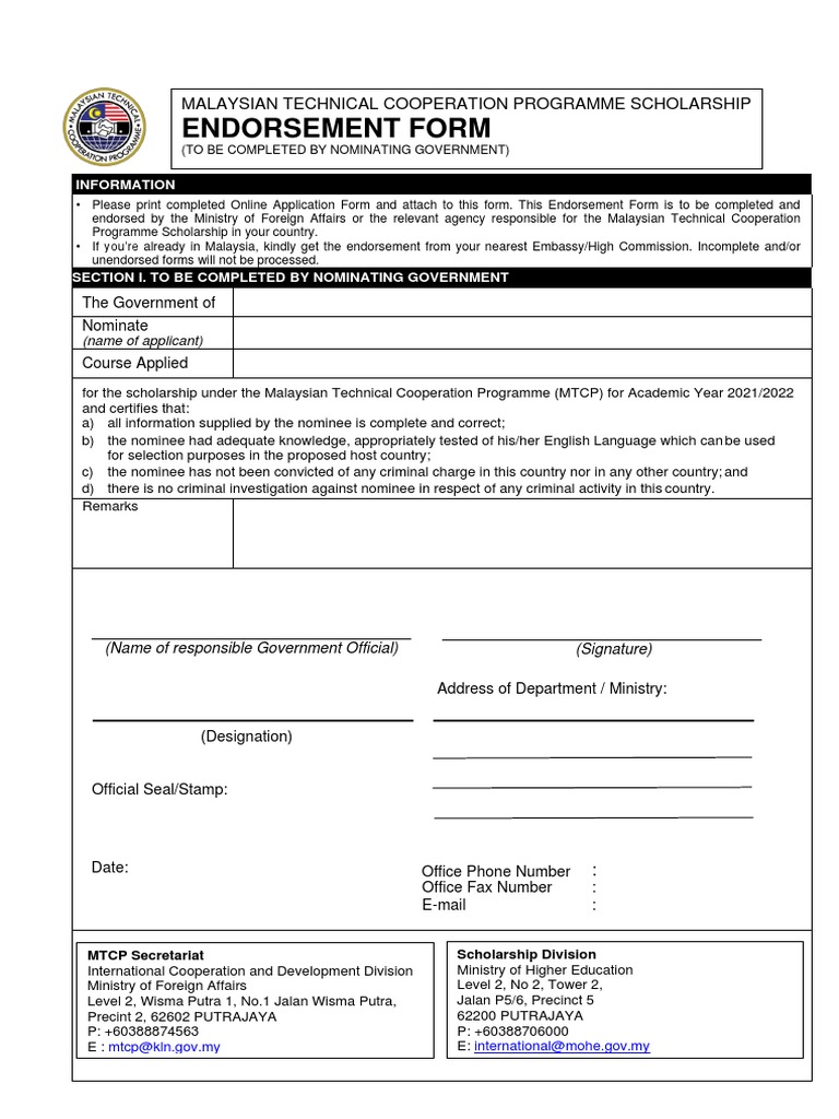 Endorsement Form MTCP Scholarship | PDF