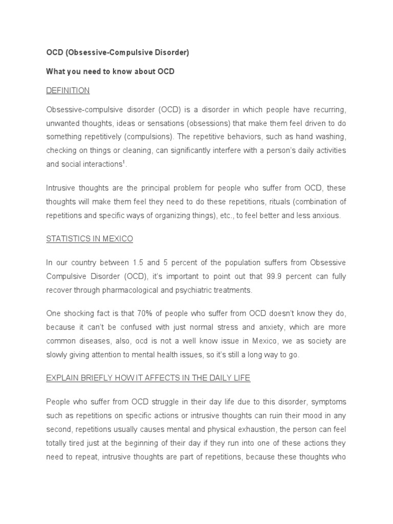 Ocd Essay | Download Free PDF | Obsessive–Compulsive Disorder | Mental ...