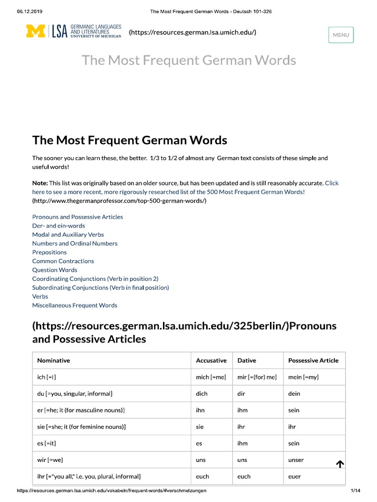 The Most Frequent German Words - 1000 | PDF