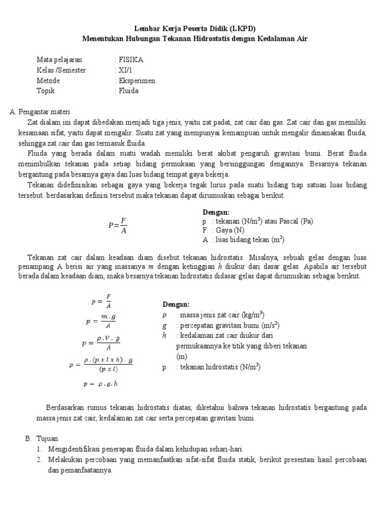 LKPD Tekanan Hidrostatis | PDF
