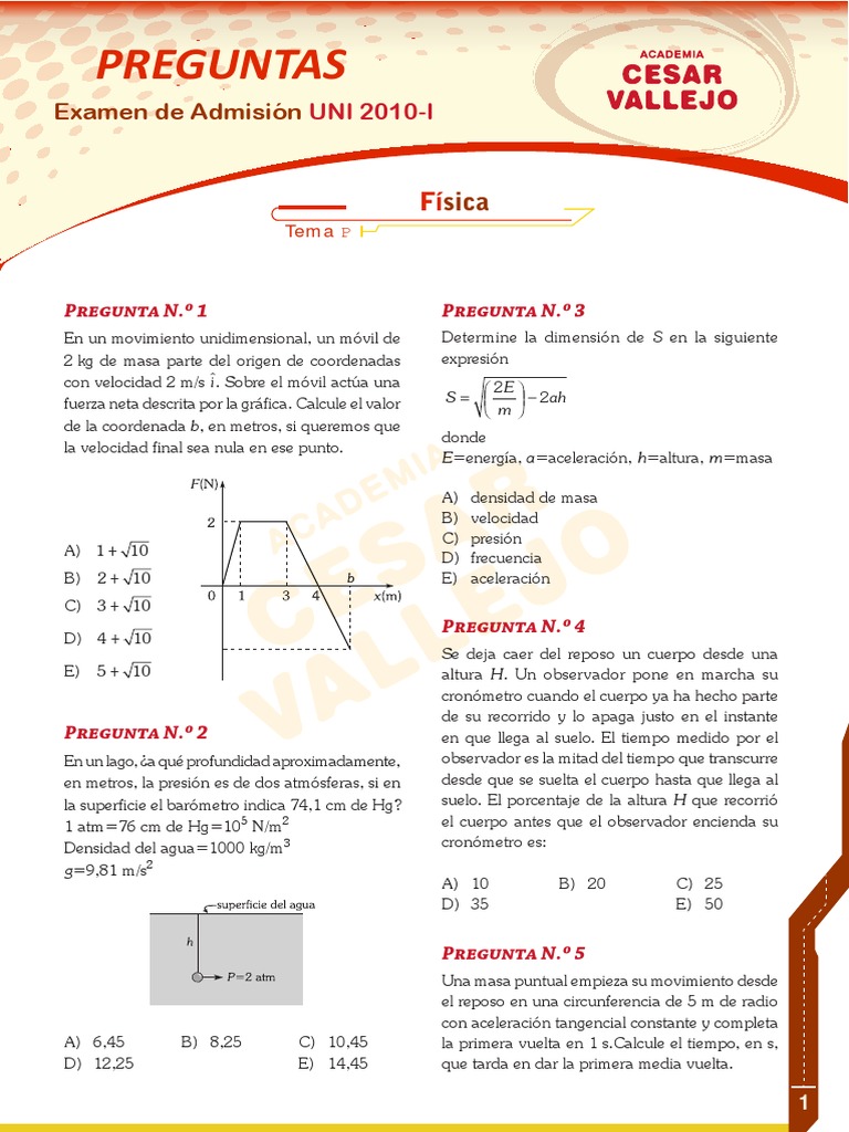 Examen Fisica Uni 2010-I | PDF | Olas | Masa