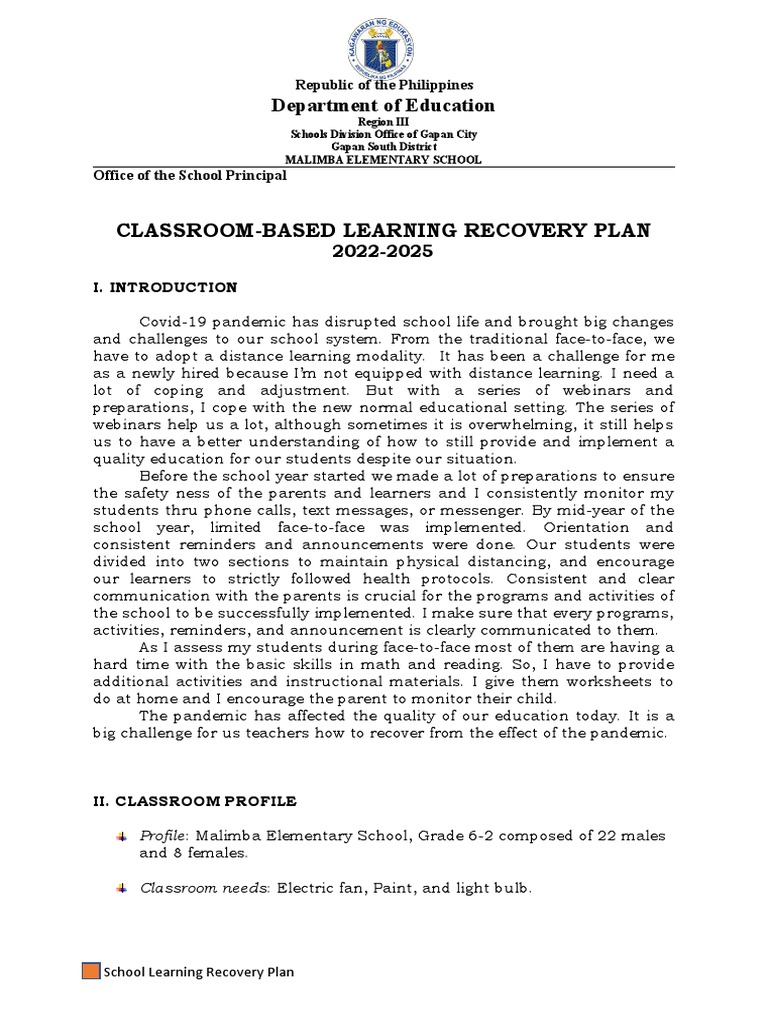 Classroom - Based Learning Recovery Plan | PDF | Learning | Teachers