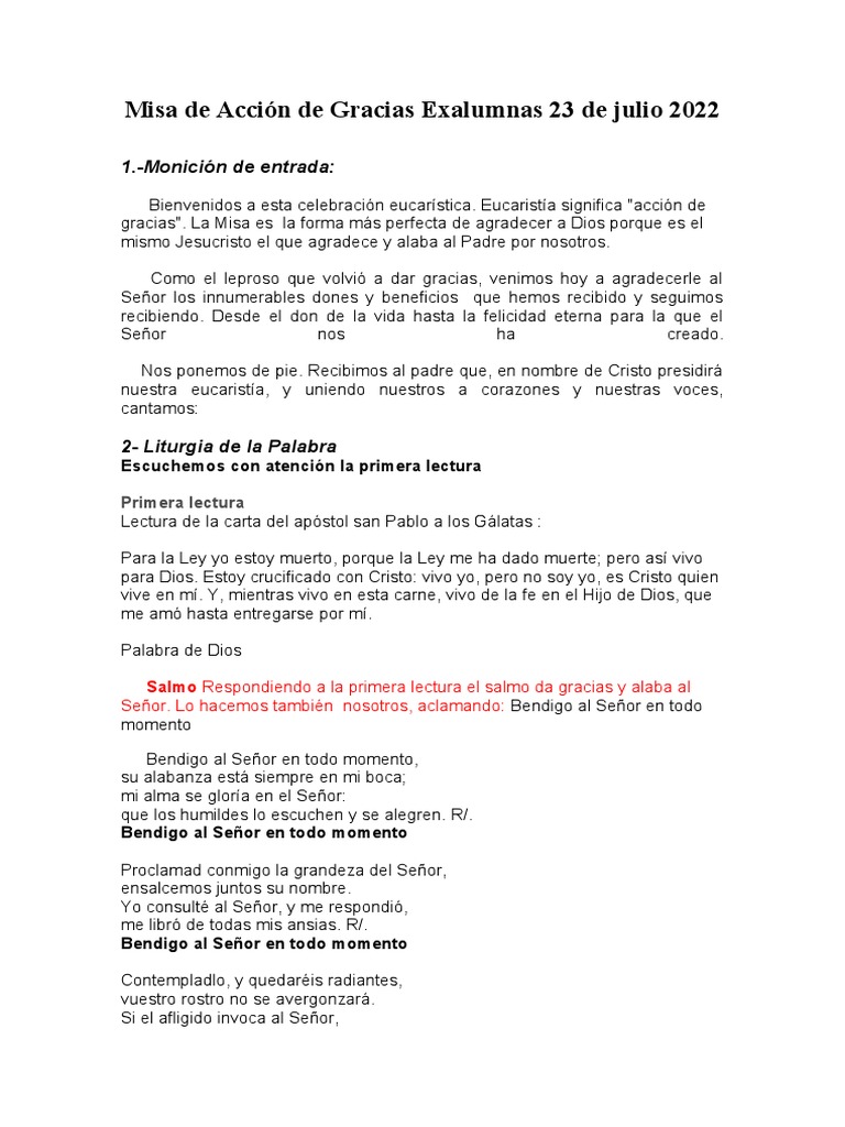 Misa De Accion De Gracias Pdf Misa Liturgia Eucaristía