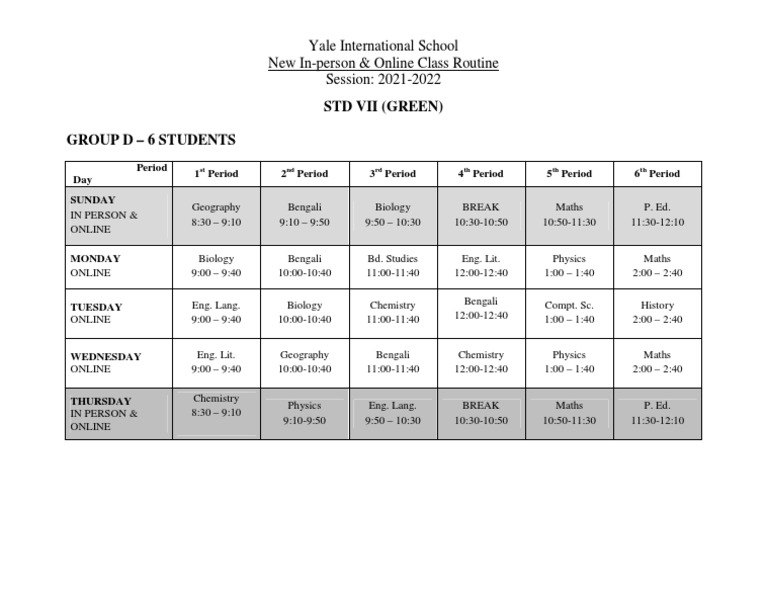 New In-Person - Online Class Routine of STD VII Green - Group D | PDF
