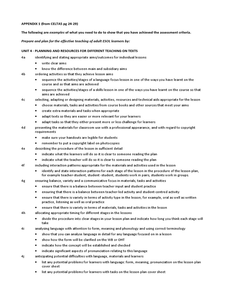 Cambridge CELTA Assessment Criteria - From CELTA5 PG 24 - 29 | PDF ...