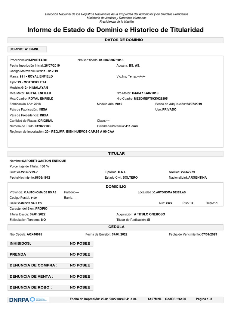 Informe Dominio Historico Moto | PDF