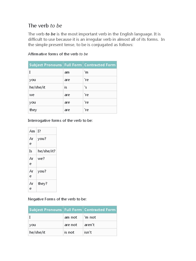 The Verb To Be | PDF | Language Arts & Discipline | Foreign Language ...