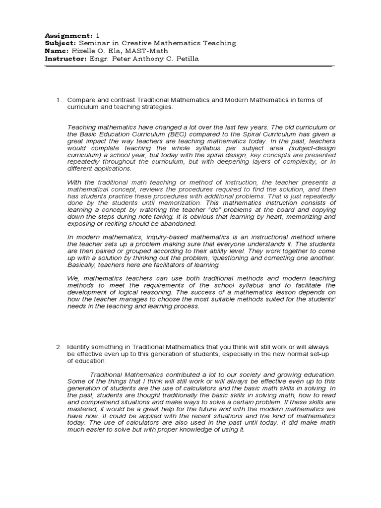 ELA CREATIVE Assignment 1 | PDF | Teaching Method | Mathematics