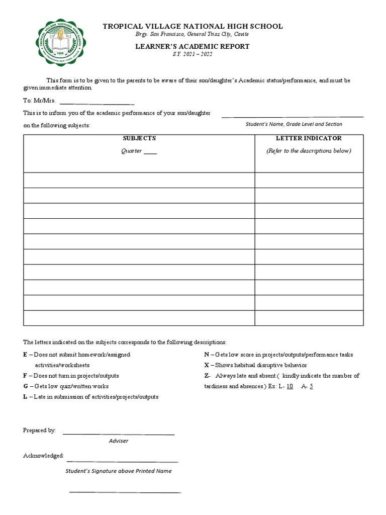 Academic Report To Parents | PDF