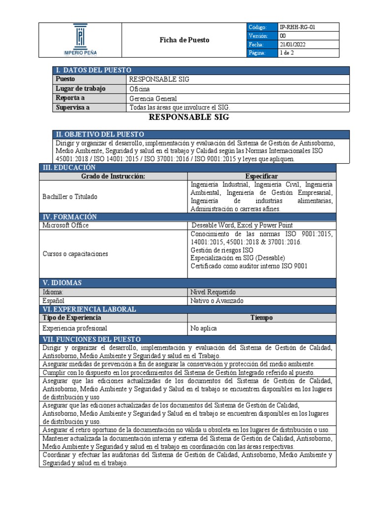 IP-RHH-RG-01 Ficha de Puesto - Responsable SIG | PDF | Sistema de ... IP-RHH-RG-01 Ficha de Puesto - Responsable SIG | PDF | Sistema de ...
