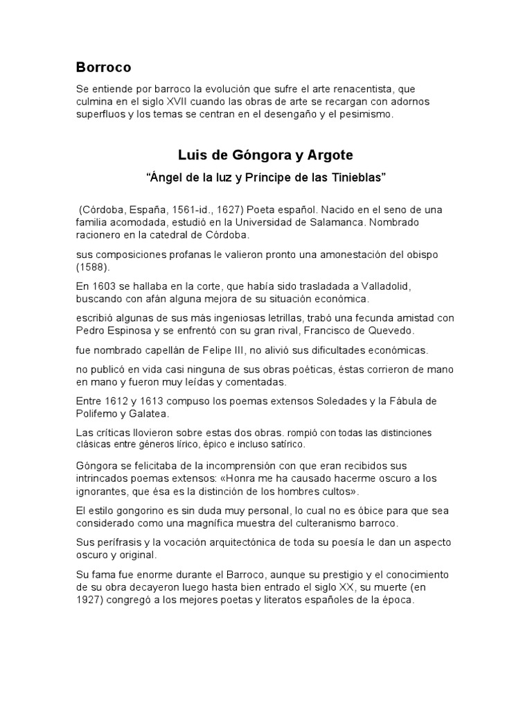 Barroco: Góngora y Quevedo | PDF | Literatura en español | Literatura ...
