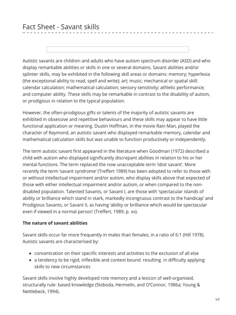 Savant Skills Fact Sheet | PDF | Autism | Autism Spectrum