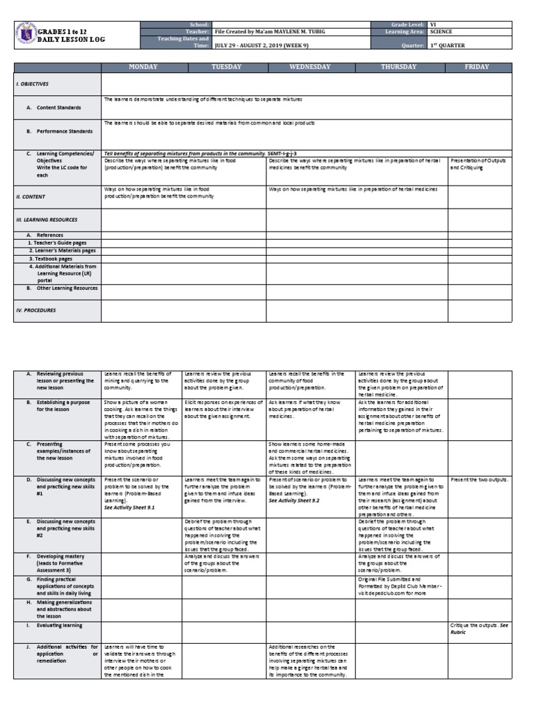 DLL Science 6 q1 w9 | PDF | Learning | Education Theory